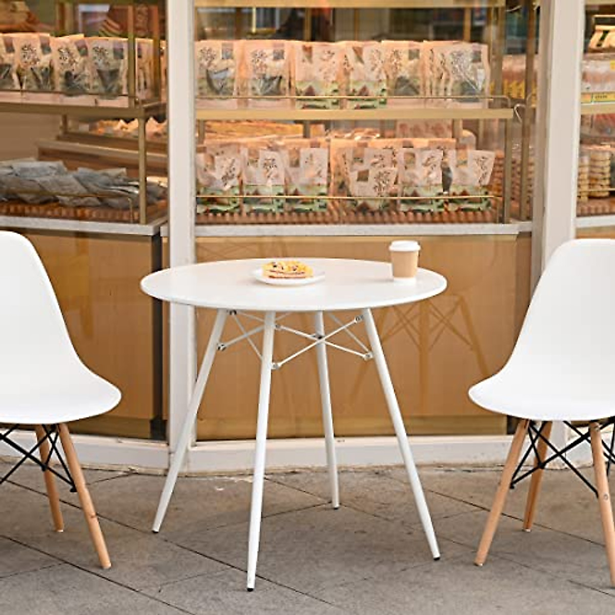 RokiaTek Round Dining Table Dia 31.5" Wood Top Metal Legs Simple Modern Leisure Table for Kitchen Dining Room Cafe Office Conference Coffee Room 2 to 4 People, White