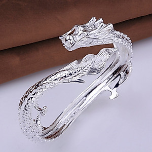 Goldenchen Fashion 925 Sterling Silver Antique Chinese Dragon Chic Lady Gentleman Bangle Bracelet