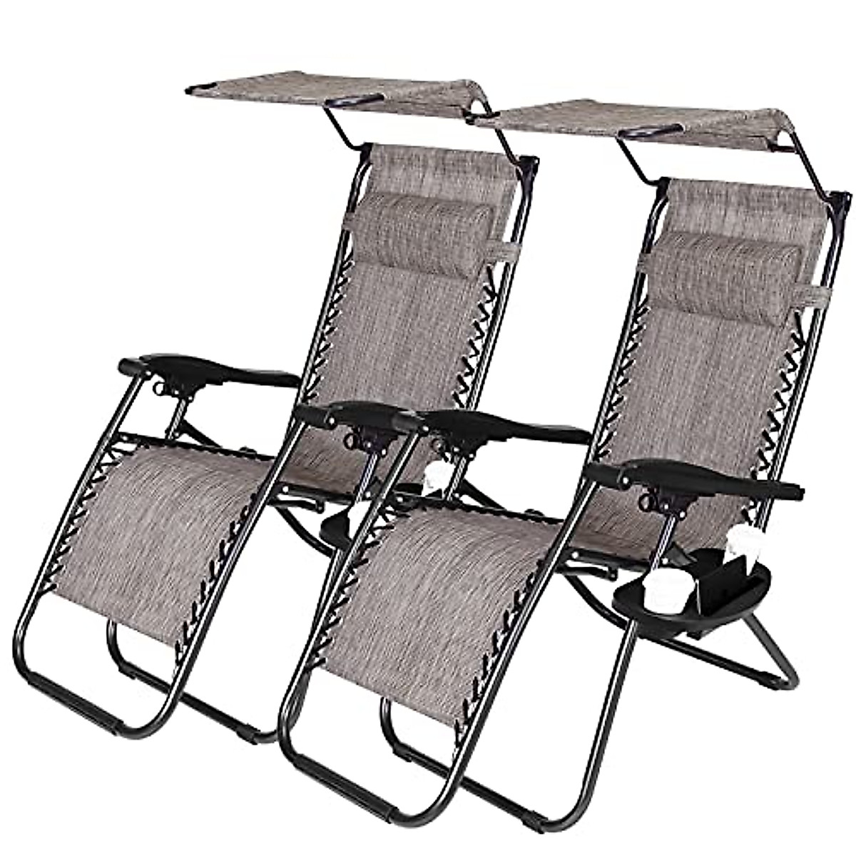 2 Pack Zero Gravity Chair, Folding Lounge Reclining W/Shade Canopy Deck Chaise with Adjustable Headrest Pillows, Cup Holder Tray and Carry Rope for Lawn Poolside Backyard Patio, Beach Camping (Gray)