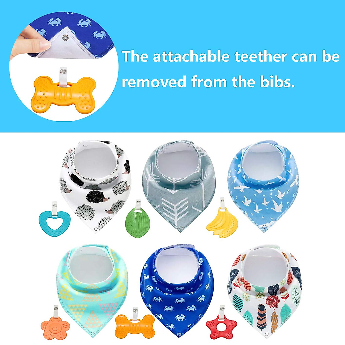 PandaEar Baby Bandana Drool Bibs 6-Pack with Teething Toys, Super Absorbent, 100% Organic Cotton, Neutral Color for Boys & Girls (Neutral)