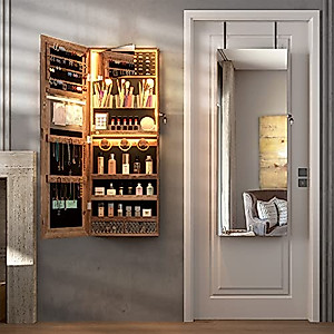 Vlsrka Mirror Jewelry Cabinet with 3 LED Lights, Wall/Door Mounted Jewelry Armoire Organizer with Full Length Mirror Large Capacity Storage Hanging Cabinet, Built-in Lighted & Movable Makeup Mirror
