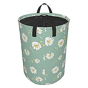 Laundry Hamper Basket Green White Daisy Flower Clothes Sorter Bin Lid Household Organizer Toy Garment Sturdy With Handle Collapsible For Home Laundromat Dorm Bathroom
