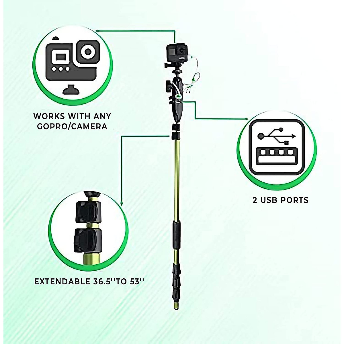 YOLOtek PowerStick 53" Bundle GoPro Boat Mount & Constant Power Veteran Owned. Go Pro Camera Bass Boat Accessories. GoPro Mount for Go Pro Hero 11, DJI & All Action Camera. Fishing Camera Power Pole