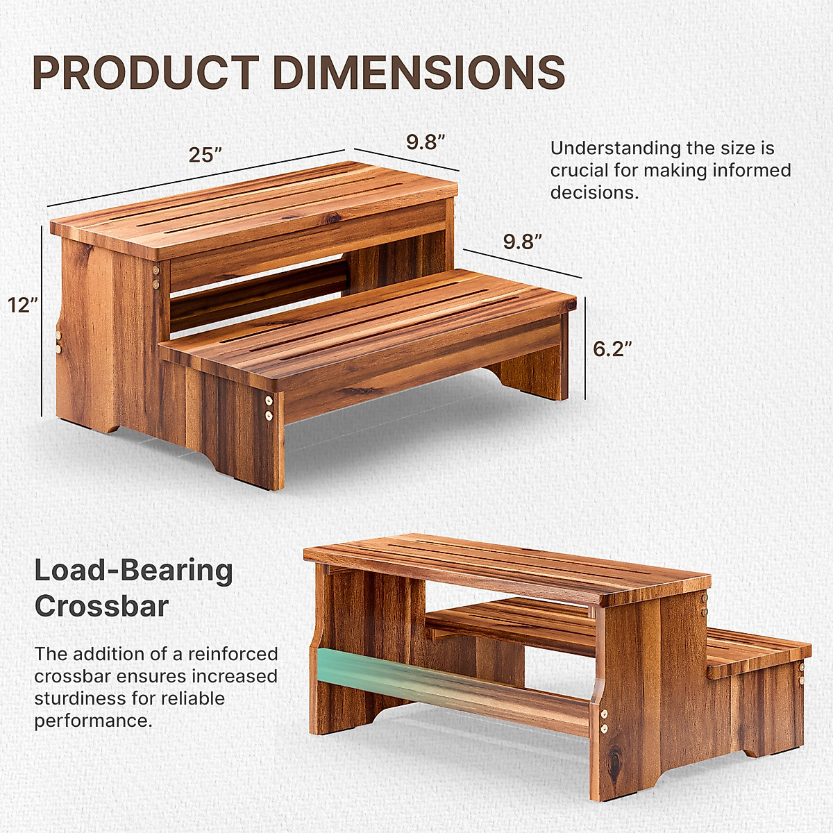 TINAMO 25" Long Step Stool for Adult & Kid - Wooden Two Step Stool 500 Lbs - Riser 2-Step Spa & Hot Tub Stairs for Pool - Heavy Duty 2 Step Stools for Bed, Kitchen, Indoor/Outdoor (Acacia Wood)