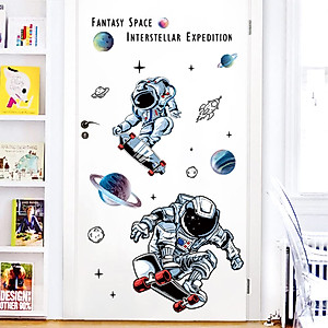 VJSTALS DIY Cartoon Astronaut Wall Sticker Fantasy Interstellar Expedition Skateboard Outer Spaceman Wall Decals for Boys Girls Kids Room Playroom Decoration, 11.8 inches x35.4 inches