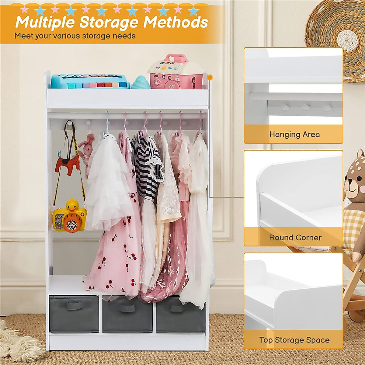 WISCLASS Kids Dress Up Storage with Mirror and Drawers, Kid Armoire Dresser, Open Costume Closet, Lovely White for Girls Room
