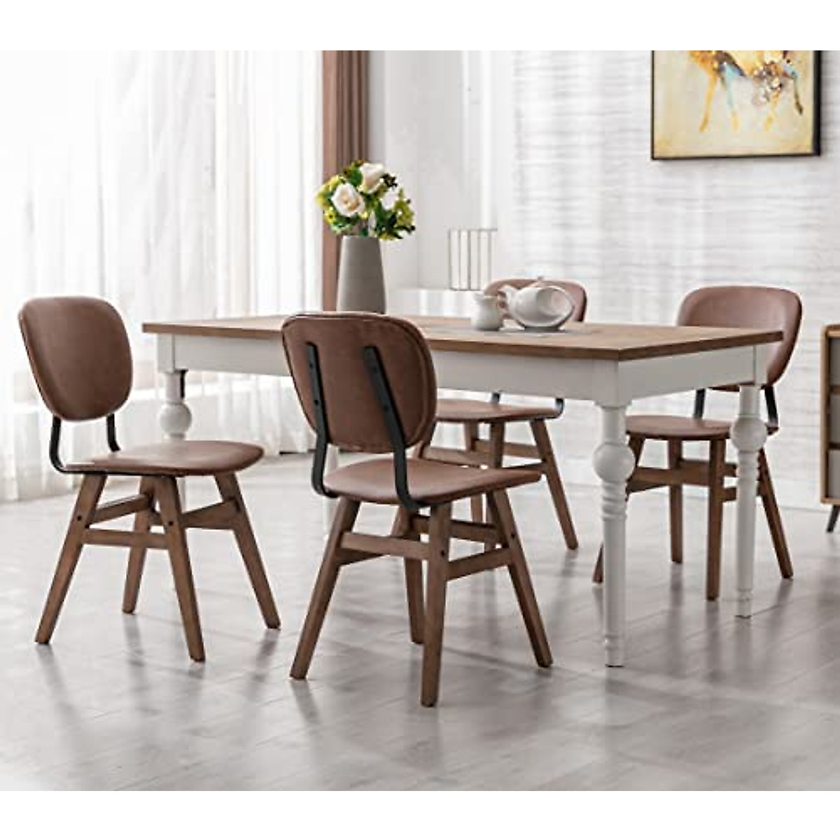Wahson Set of 4 Farmhouse Country Armless Dining Room Chairs, Faux Leather Upholstered Kitchen Chairs with Hardwood Legs, Brown