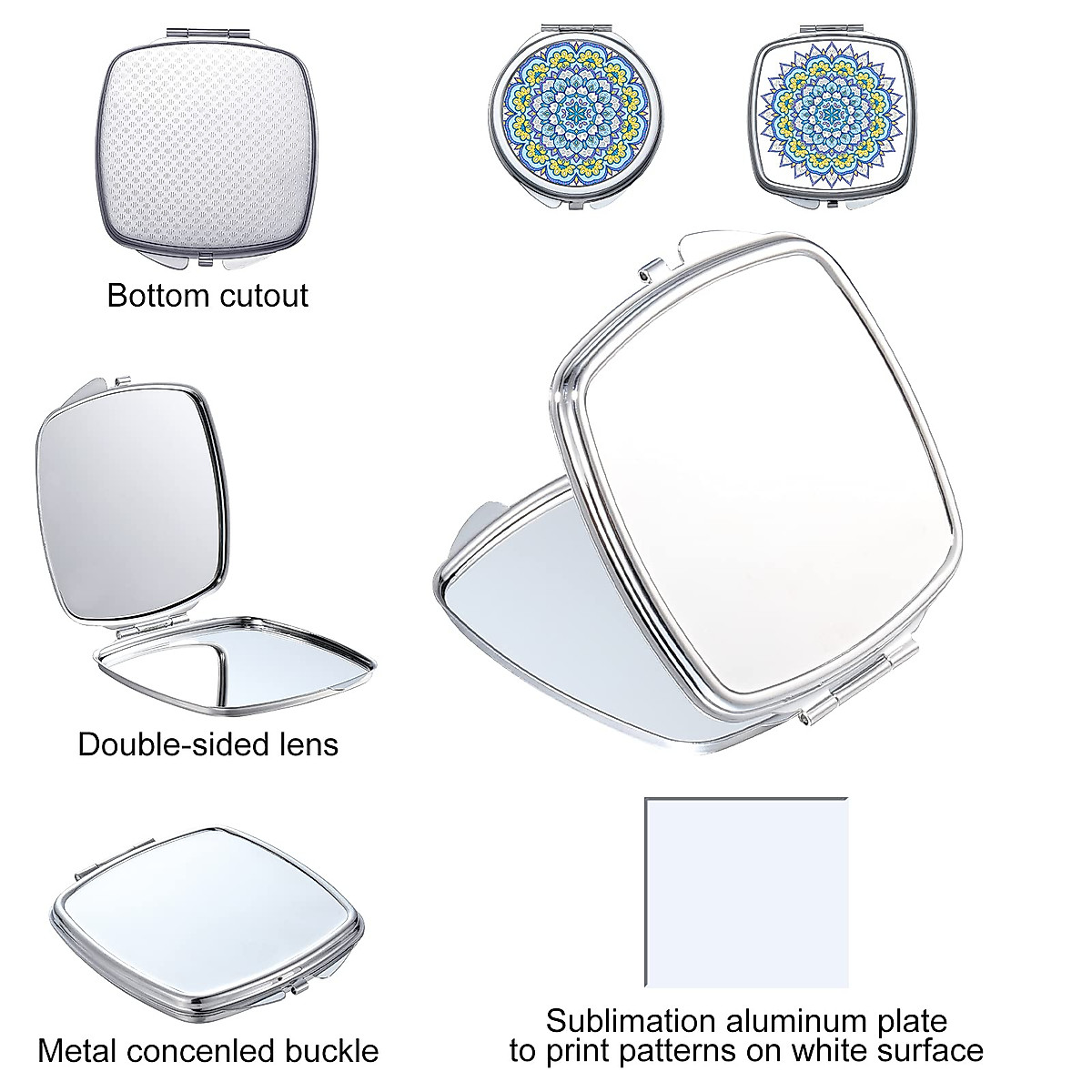 Jetec 6 Pcs Sublimation Blanks Compact Mirror Bulk Transfer Folding Pocket Makeup Double Sided Handheld Mirror Round Square Sublimation for Purse Travel