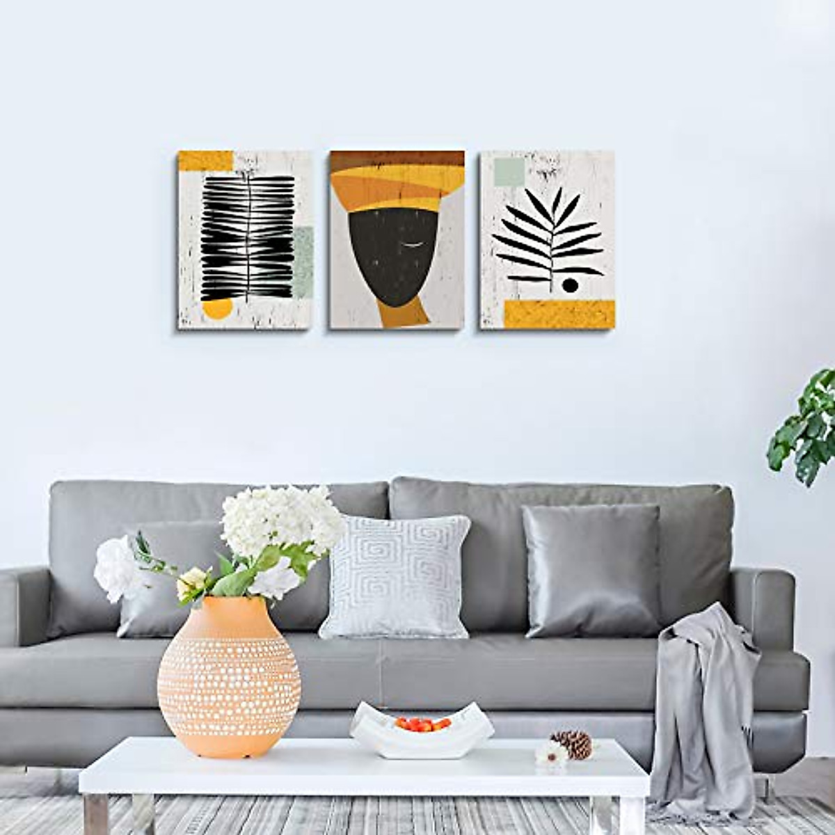 Framed Canvas Wall Art African Ethno Motive Wall Art Set, Abstract Ethno Art, African American Woman Portrait, Black Orange Print, Contemporary Collage, Minimalist (A-3pcs,12x16inchx3pcs)