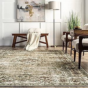 nuLOOM Paisley Machine Washable Faded Floral Border Medallion Area Rug, 6' x 9', Beige