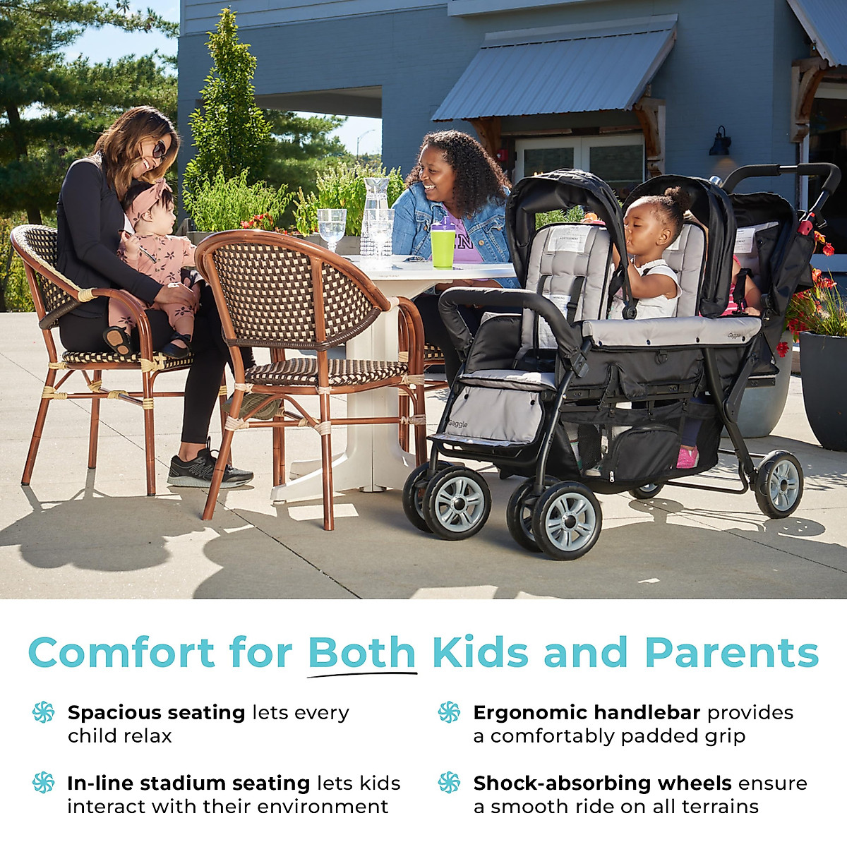 Gaggle by Foundations Compass 3 Seat Stroller | Triple Stroller for Infant and 2 Toddlers | Lightweight Tandem Triple Stroller | Foot Brake | Shock-Absorbing All-Terrain Wheels | Easy Folding | Black