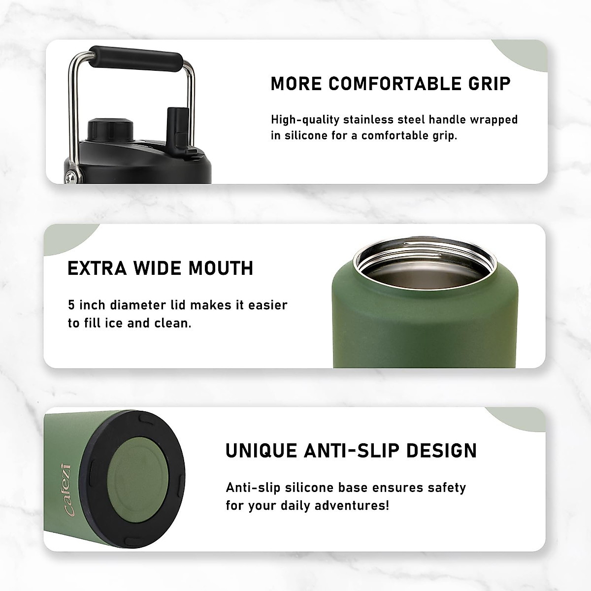 Cafezi 1 Gallon Water Jug Insulated, 2-in-1 Lid, Flip Straw and Spout, Vacuum Insulated Stainless Steel Gallon Water Bottle for Cold & Hot Drinks, Leak Proof, Great for Workouts, Yoga, Fishing, Hiking