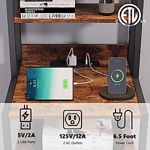 TRIFEBLE Tall Nightstand with Charging Station and Fabric Drawers, 49.6" Tall Bedside Table with 5-Tier Storage Shelves, Night Stand with Bookshelf, End Side Table for Bedroom, Rustic Brown