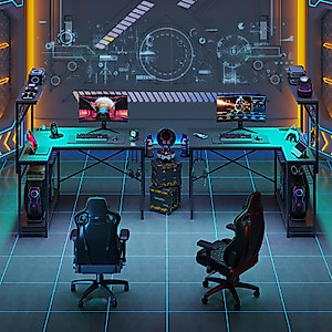 Bestier 42 L Gaming Desk,Computer Desk with Power Outlets, LED Lights, Reversible Corner Desk with 4-Tier Shelves,Cup Holder & Hook Carbon Fiber Black