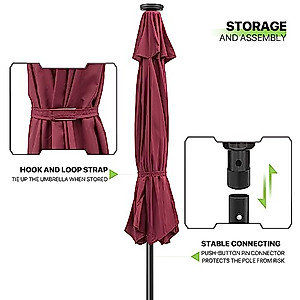 Magshion 9FT Solar Patio Umbrella with 32 LED Lights, Outdoor Market Umbrella with 8 Steel Ribs & Crank Lift, Windproof Sunshade for Garden, Deck, Backyard & Pool (Burgundy)