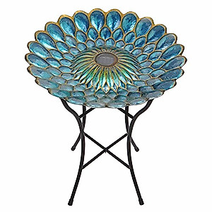 Peaktop Handpainted Mosaic Fusion Glass Solar Birdbath Bowl Feeder with LED Light for Outdoor Patio Garden Backyard Decking, 21 Inch Height, Blue