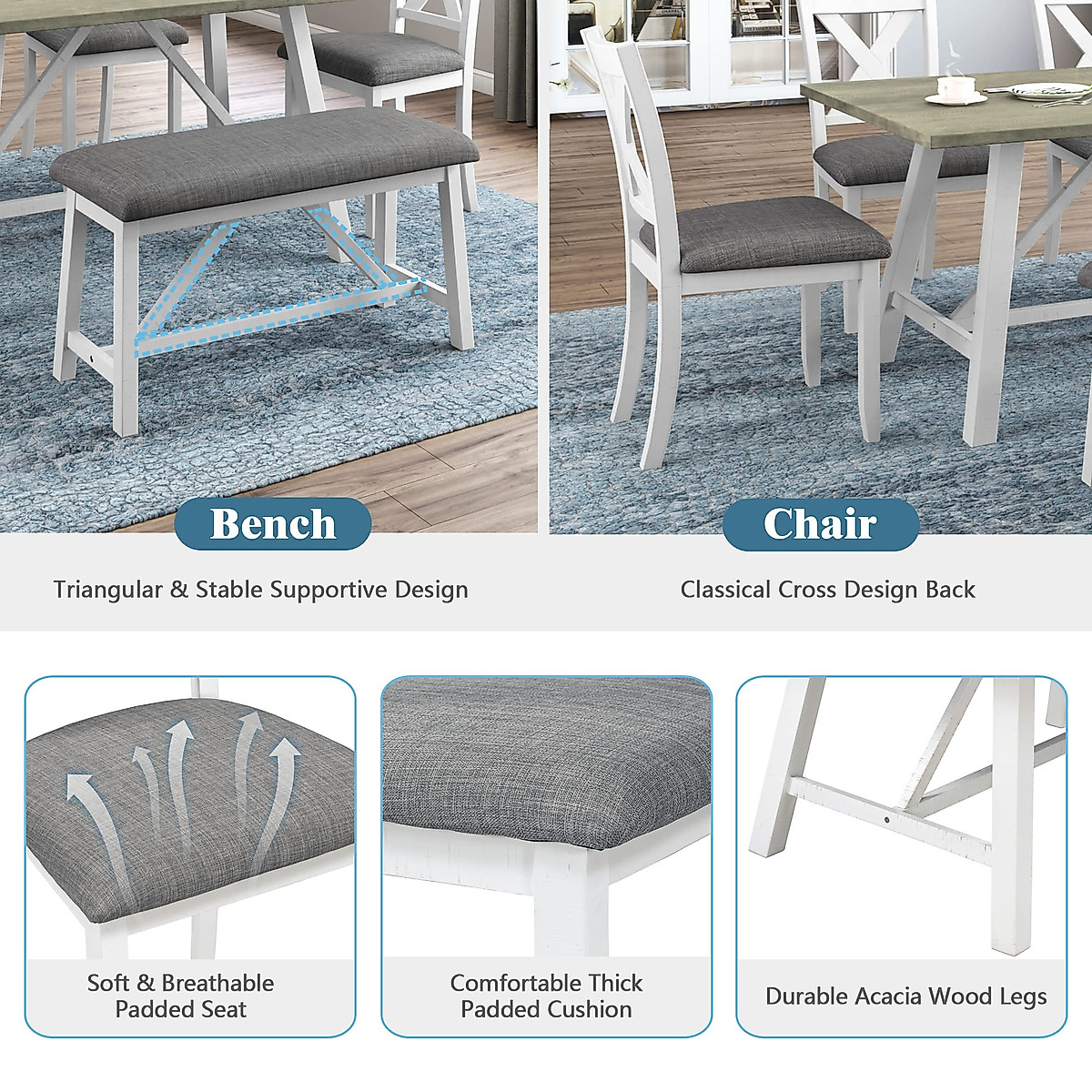 6 Piece Dining Table Set, Wood Dining Dinette Table and 4 Chairs with 1 Bench with Cushion, Rustic Style Kitchen Table Set for 6 Persons, White with Gray