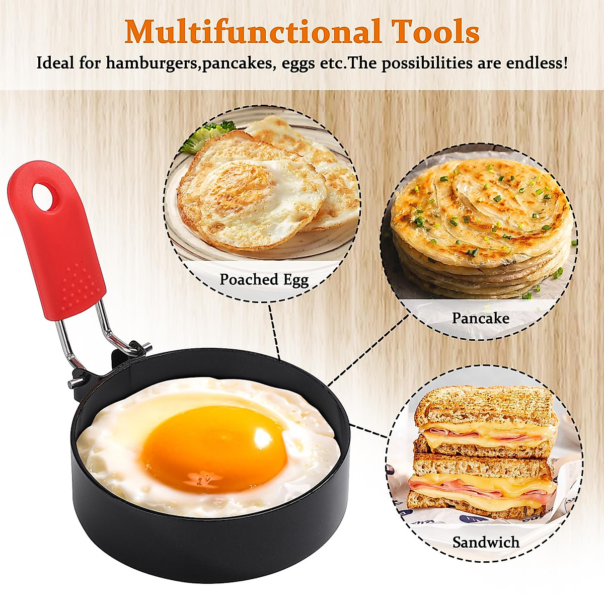 Biioistle Nonstick Egg Ring Stainless Steel Egg Cooking Ring with Anti-scald Handle Pancake Mold for Breakfast Sandwiches Egg Muffins,4Pcs (Style01)