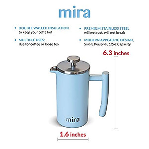 MIRA Coffee Lover Bundle with 12oz Insulated French Press (Pearl Blue) and 12oz Insulated Travel Mug (Pearl Blue)