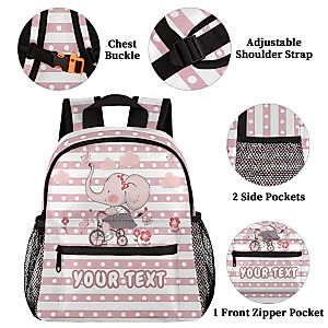 AUUXVA Cute Elephant Custom Kid's Name Toddler Backpack,Animal Pink Personalized Backpack with Name/Text for Kids Boys Girls 3-6 Years Preschool Kindergarten Daycare Bag with Chest Strap