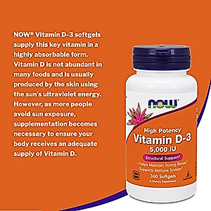 Now Foods Vitamin D3 (Cholecalciferol) - 5,000 IU, 360 Softgels - High Potency Bone Health and Immunity Support Supplement, Mood Booster - Halal, Kosher - 360 Count (Pack of 1)