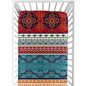 Sweet Jojo Designs Red Boho Chic Girl Fitted Crib Sheet Baby or Toddler Bed Nursery - Orange Teal Turquoise and Blue Bohemian Colorful Mandala Vintage Patterned Retro Hippie Hipster