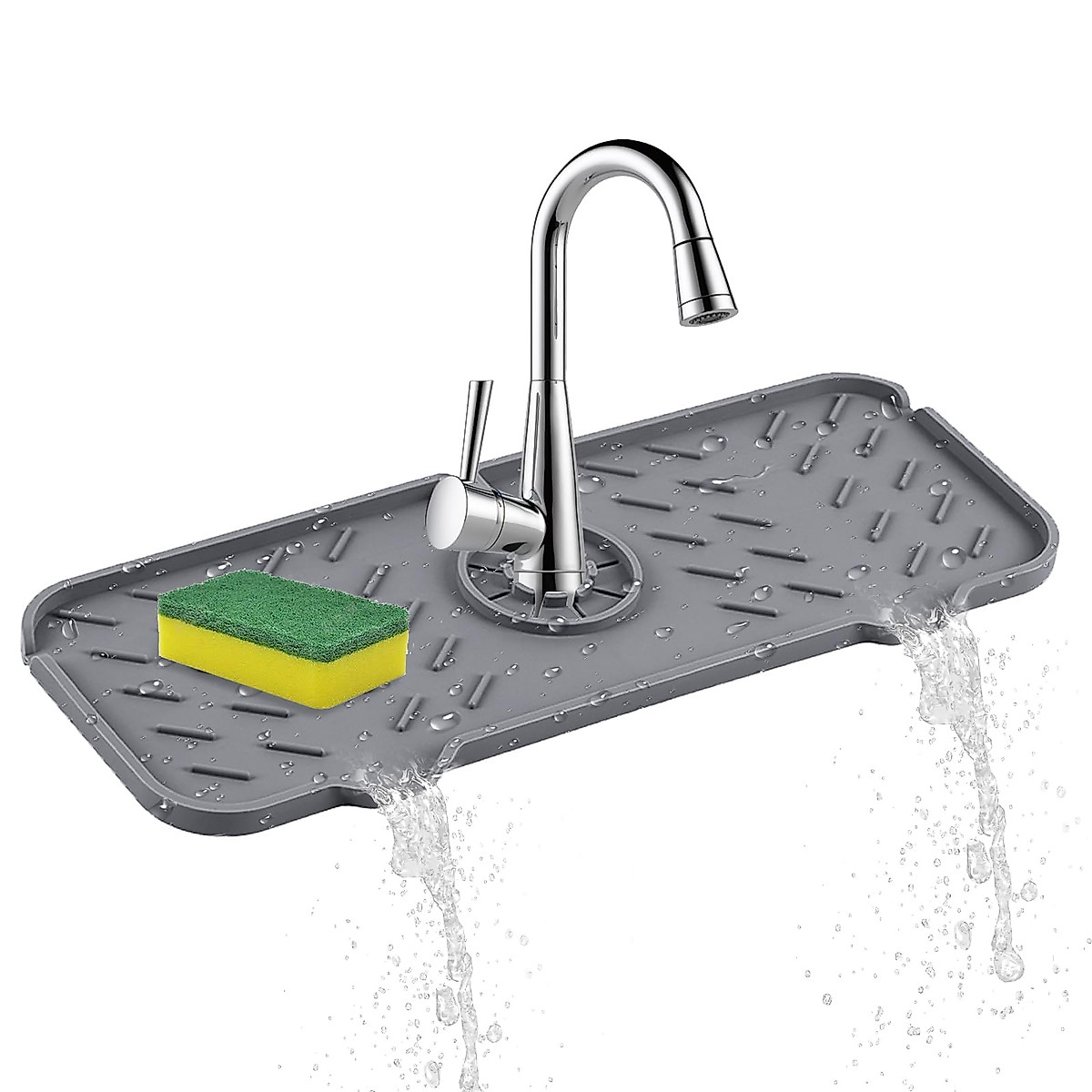 Silicone Faucet Mat for Kitchen, Sink Splash Guard, Sink Draining Pad Behind Faucet, Kitchen Sink Accessories, Faucet Absorbent Mat, Bathroom Faucet Water Catcher Mat (Grey (15.4" x 5.9"))