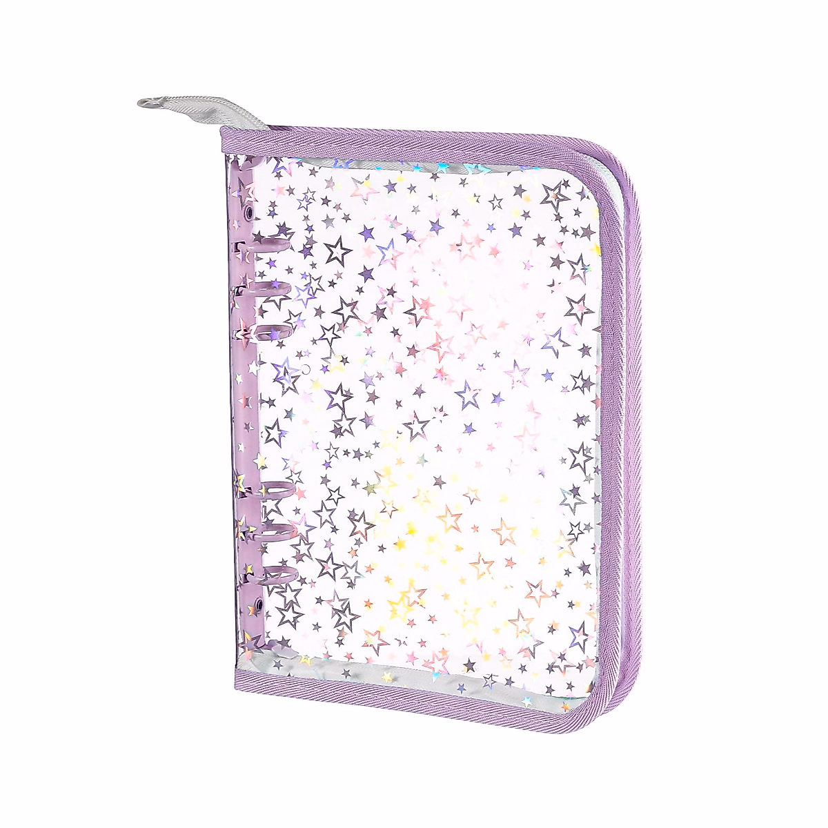 NEWEST A5 Budget Binder Cover with Zipper for Cash Budget System, Glitter Stars A5 6 Ring Binder Planner, Clear PVC Refillable Notebook Shell for Journal Albums Diary School Office Supplies, Purple