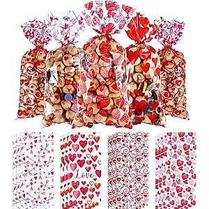 Blulu 100 Pack Valentines Party Treat Bags Plastic Valentines Cellophane Candy Bags Red Valentine's Day Cookie Bags 4 Styles Valentine Gift Bags with 200 Pieces Twist Ties for Valentine Party Supplies