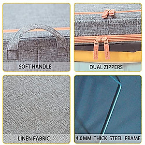 Tasmegol 2 Pack 66L Linen Fabric Clothes Storage Organizer Bins with 3 Opening Stackable Steel Frame Clothing Closet Containers Bags Foldable Clear Window Cloth Box for Sweater Bedding (Grey)