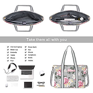 MOSISO Laptop Tote Bag for Women (17-17.3 inch), Canvas Rose Multifunctional Work Travel Shopping Duffel Carrying Shoulder Handbag Compatible with MacBook, Notebook and Chromebook, Grey