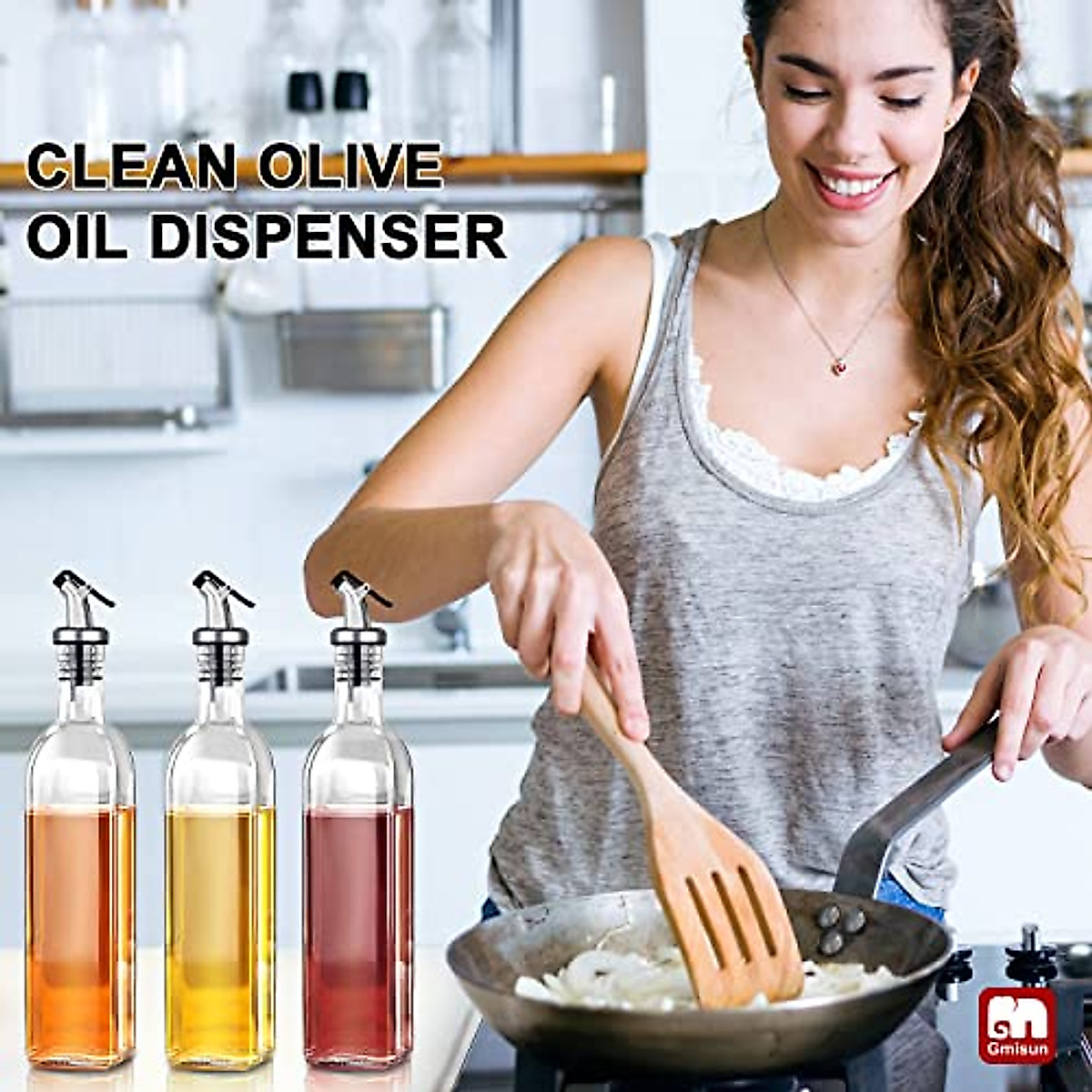 GMISUN Olive Oil Dispenser Bottle, Oil and Vinegar Cruet Set with 17oz/500ml Cooking Oil Container Glass Carafe, Oil Pourer Spout, Funnel and Labels, 3Pack, Clear