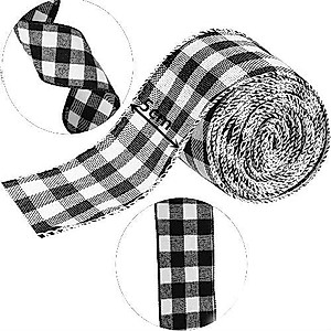 Christmas Plaid Wired Ribbons Gingham Burlap Ribbon，White and Black Wrapping Ribbon Plaid Ribbon for Christmas Decoration Crafts Making