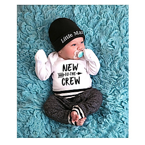 Baby Boy Clothes 0-3 Months Baby Clothes Boy New to The Crew Print Romper Pants Hat 3PCS Baby Boy Outfits White