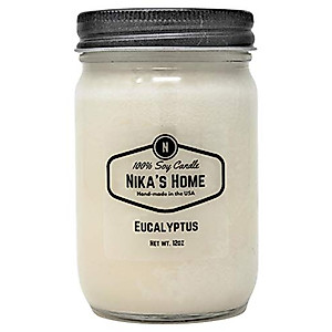 Nika's Home Eucalyptus Soy Candle - 12oz Mason Jar - Non-Toxic Soy Candle-Hand Poured Candle- Handmade, Long Burning Candle-Highly Scented Candle-All Natural, Clean Burning Candle