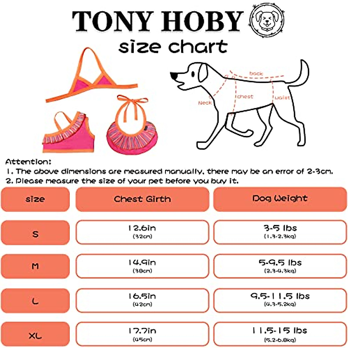 TONY HOBY Dog Swimsuit, Dog Bikini Swimming Dress, Dog Beach Dress in Seaside, Pool, Dog Bathing Suit for Small Medium Dog (3PCS, Orange, L)