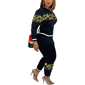 Women Pants 2 Piece Outfits Camouflage Long Sleeve Sweatshirt Top + Bodycon Pant Set Camo-green S
