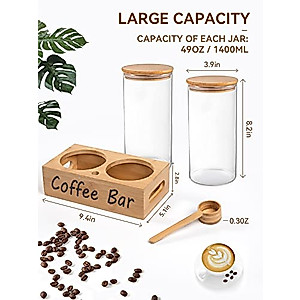 Glass Coffee Containers with Shelf Printed Coffee Bar- 2 Pcs 49oz BPA Free Coffee Storage Jars with Airtight Sealed Bamboo Lids Spoon, Kitchen Food Storage Jars for Coffee Beans & Powder, Sugar, Tea