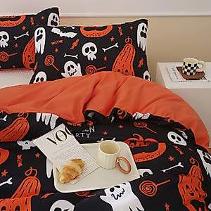 Halloween Duvet Cover Set Queen,3 Pieces Black Skull Pumpkin Comforter Cover Set with 2 Pillowcases Ghost Festival Themed Bedding Set Queen90 x90(Not Comforter)