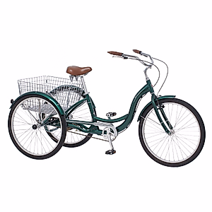 Schwinn Meridian Adult Tricycle Bike, Mens and Womens Three Wheel Beach Cruiser, 26-Inch Wheels, Low Step-Through Frame, Wide Seat, Rear Folding Basket, 1-Speed, Green