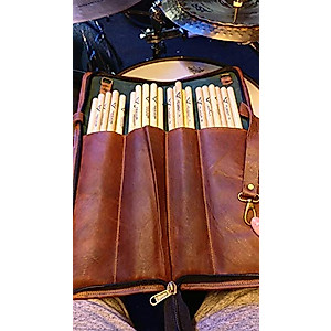 WerKens Leather Drumstick Bag Floor Tom Hooks Holds 8-10 Pairs Drum Sticks Mallets Brushes Percussion Drum Stick Bag Easy Carry Handles (Brown) – DSB002