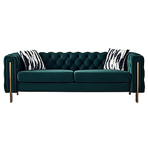 Zushule Tufted Velvet Chesterfield Sofa - A Modernized Classic with Gold Metal Legs and 2 Throw Pillows - Couches for Living Room, Office, and Bedroom - Emerald Green Couch