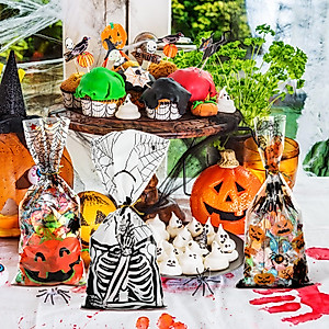Zonon 180 Pieces Halloween Cellophane Treat Bags Halloween Candy Wrappers Pumpkin Skull Bat Presents Bags Transparent Candy Bag with 200 Pieces Ties for Halloween Party Favors