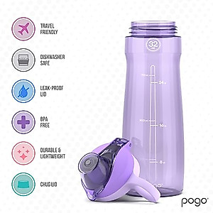 Pogo 32oz Plastic Water Bottle with Chug Lid and Carry Handle, Reusable, BPA Free, Dishwasher Safe, Perfect for Travel, School, Outdoors, and Gym, Lilac