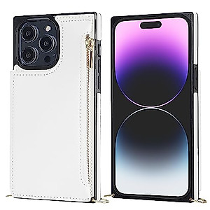 Bocasal Crossbody Wallet Case for iPhone 14 Pro Max with RFID Blocking Card Slot Holder, Magnetic Flip Folio Purse Case, PU Leather Zipper Handbag with Detachable Lanyard Strap 6.7 Inch 5G (White)