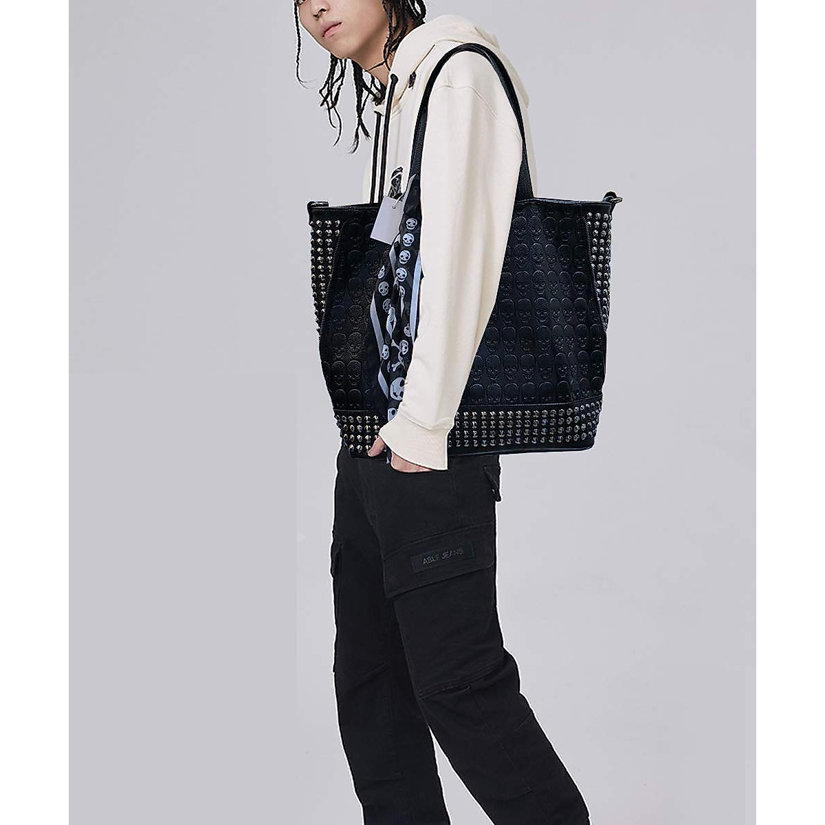 Womens Skull Print Hobo Tote Leather Shoulder Bag Punk Handbag and purses 2 sets (Big-Black-2-piece set)