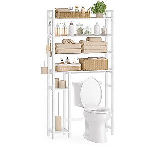 SONGMICS Over The Toilet Storage Shelf with Toilet Paper Holder, Bamboo Bathroom Organizer with Adjustable Shelves, 10.2 x 32.7 x 72.8 Inches, 4 Hooks, Storage Rack, Cloud White UBTS017W01
