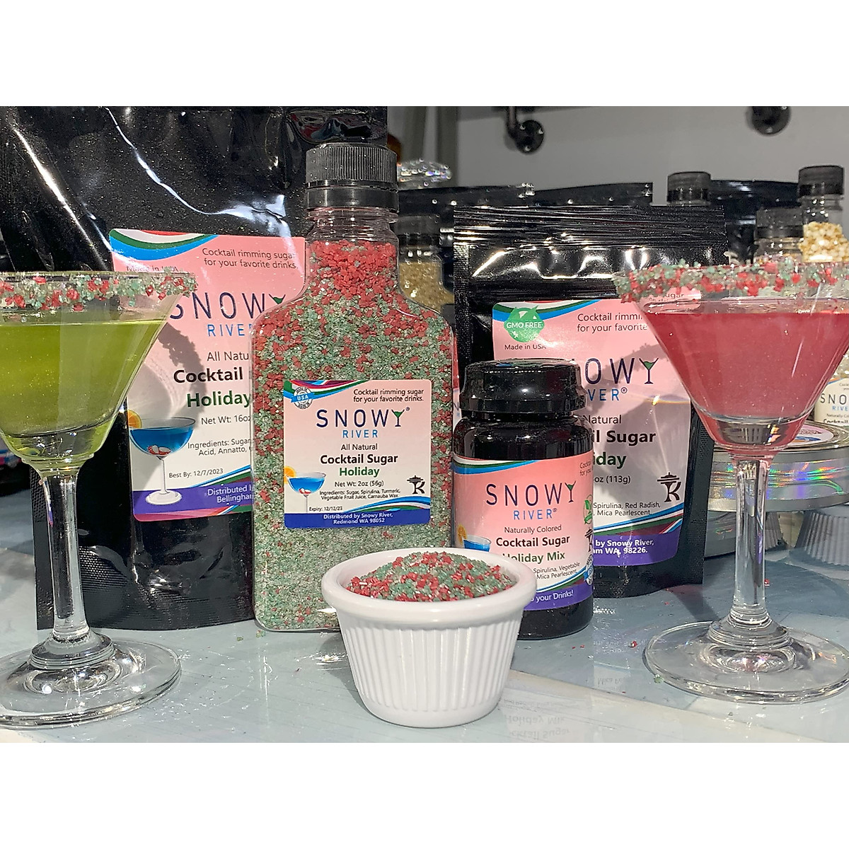 Snowy River Holiday Cocktail Sugar - Kosher All Natural Festive Cocktail Rimmer and Coffee Rimmer (Holiday, 4oz Bag)