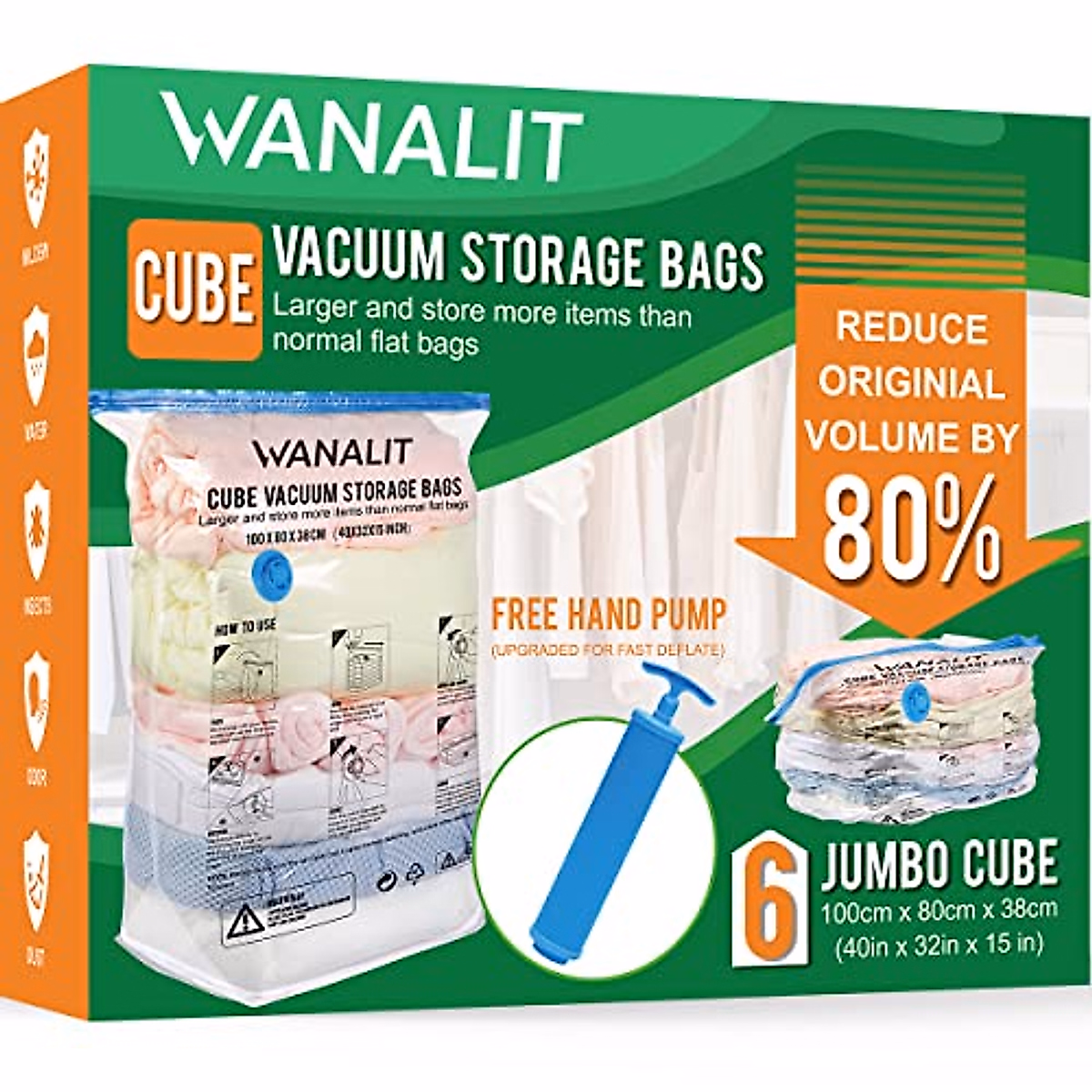 Cube Vacuum Storage Bags, 6 Pack Jumbo Cube Size Vacuum Sealer Compression Space Saver Bag for Clothes, Comforters, Blanket, Duvets, Pillows, Quilt, Travel, Hand Pump with Sealing Ring Included