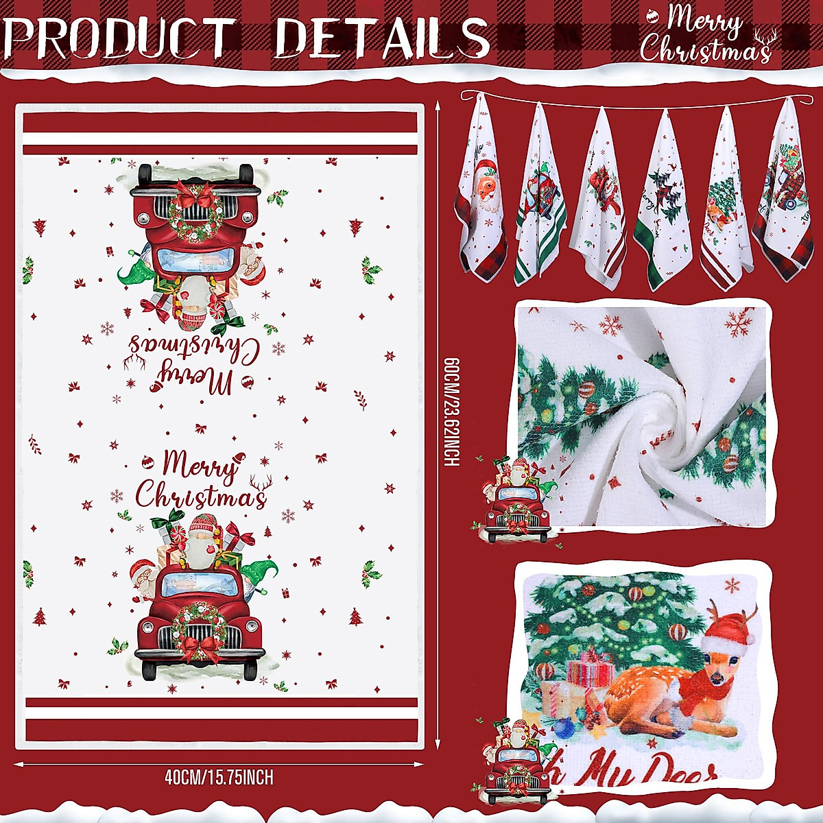 Oudain Sets of 6 Christmas Kitchen Towels and Dishcloths Xmas Winter Santa Christmas Tree Snowman Truck Dish Kitchen Hand Towels Kit Novelty Gifts for Party Supplies